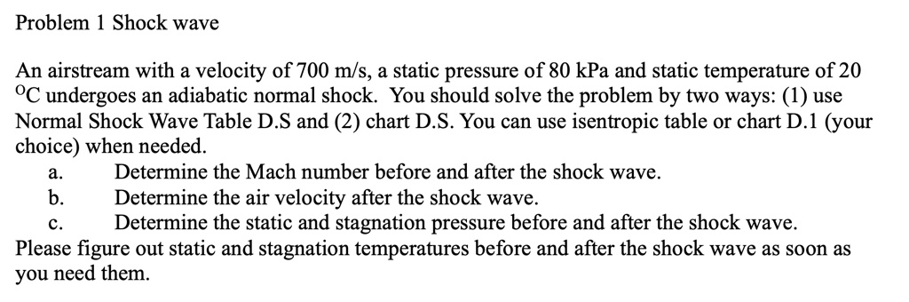 SOLVED: Problem 1 Shock wave An airstream with a velocity of 700 m/s, a ...