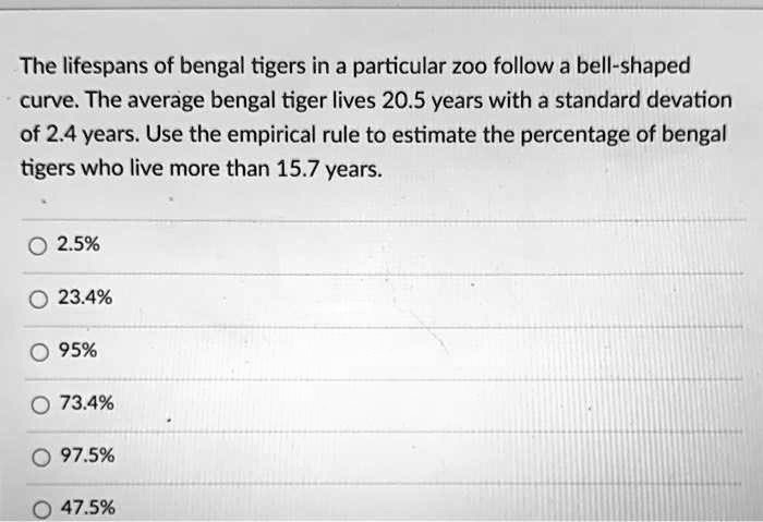 the lifespans of bengal tigers in a particular zoo follow a bell shaped ...