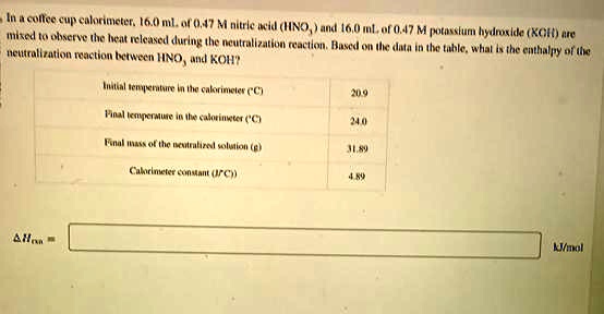 SOLVED: mixed to observe the heat released during the neutralization reaction. Based on the data ...