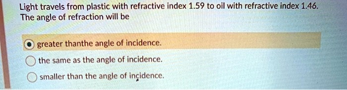 SOLVED: Light travels from plastic with refractive index 1.59 to oil with refractive index 1.46 ...