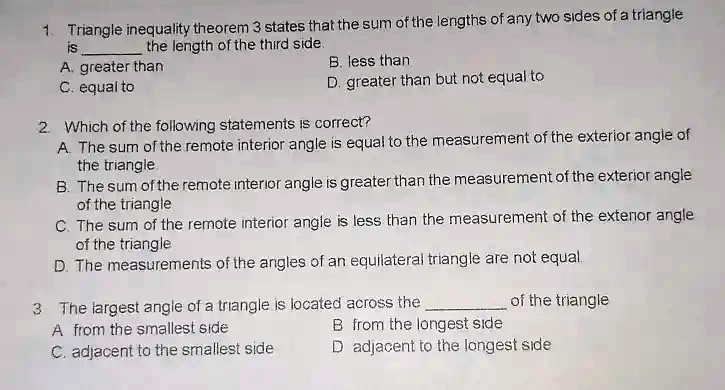 SOLVED: Triangle inequality theorem states that the sum of the lengths ...
