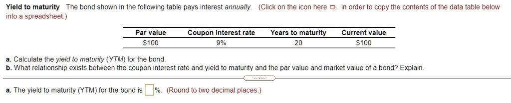 SOLVED: Yield to maturity The bond shown in the following table pays ...