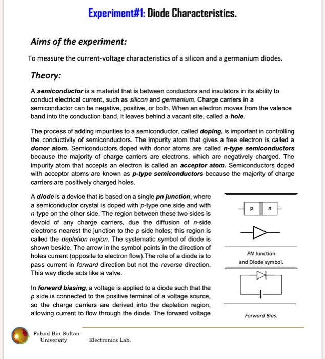 SOLVED: Experiment #1: Diode Characteristics. Aims of the experiment ...