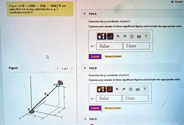SOLVED: STATICS Parts A and B Review Figure 1F = 3501-250j-450k N and cable AB is 6.0 m long ...