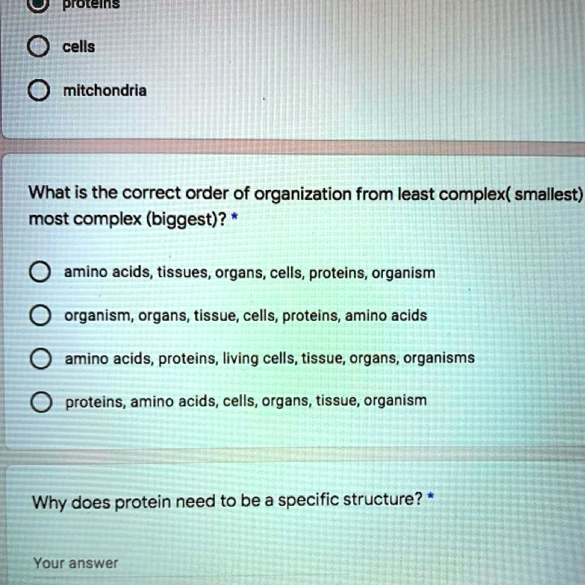 what is the correct order of organization from least complex smallest to most complex biggest ...