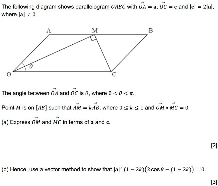 The following diagram shows parallelogram OABC with OA = a, OC = c and |c| = 2|a|, where |a| ≠ 0 ...