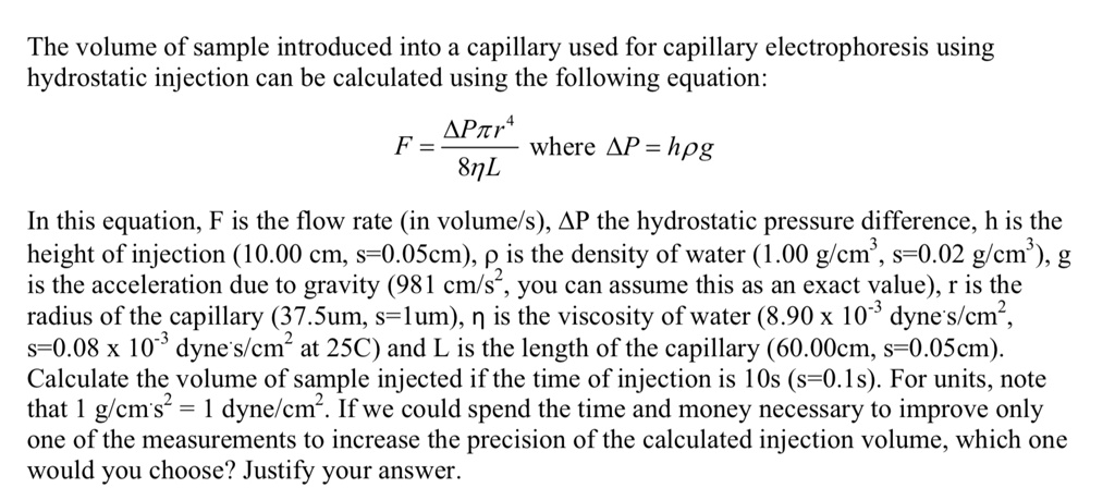 SOLVED: The volume of sample introduced into a capillary used for ...