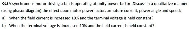 A synchronous motor driving a fan is operating at unity power factor ...