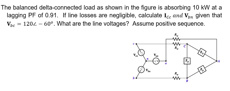 SOLVED: The balanced delta-connected load as shown in the figure is absorbing 10 kW at a lagging ...