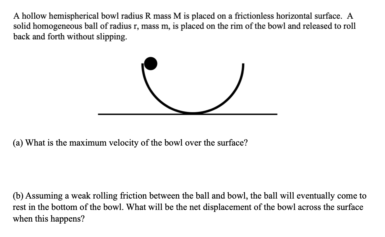 A hollow hemispherical bowl radius R mass M is placed on a frictionless horizontal surface. A ...