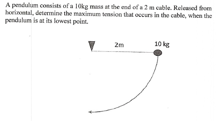a pendulum consists of a 10kg mass at the end of a 2m cable released ...