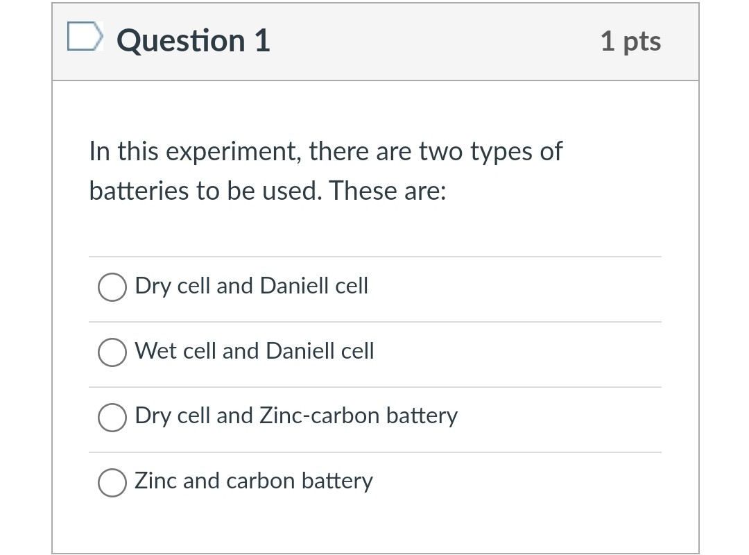 SOLVED: Question 1 1 pts In this experiment, there are two types of ...