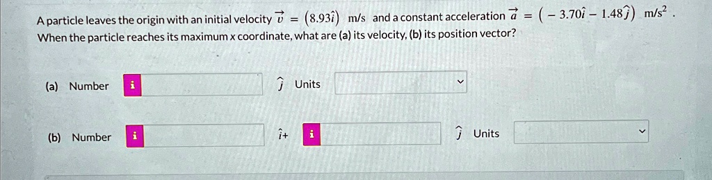 A particle leaves the origin with an initial velocity vec(v)=(8.93hat(i))(m)/(s) and a constant ...