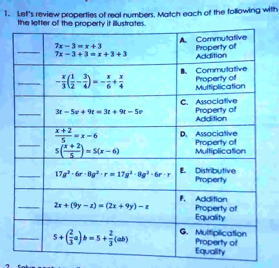 1 Lets Review Properties Of Real Numbers Match Each Of The Following With The Letter Of The