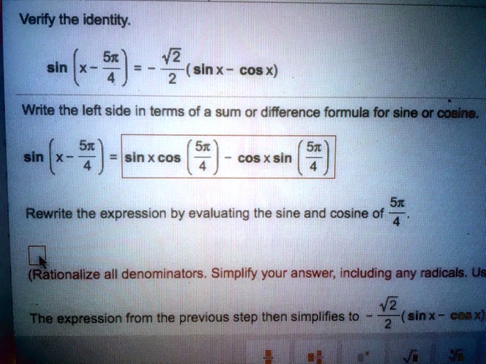 SOLVED: Verify the identity: sin^2(x) - cos^2(x) Write the left side in terms of a sum or ...