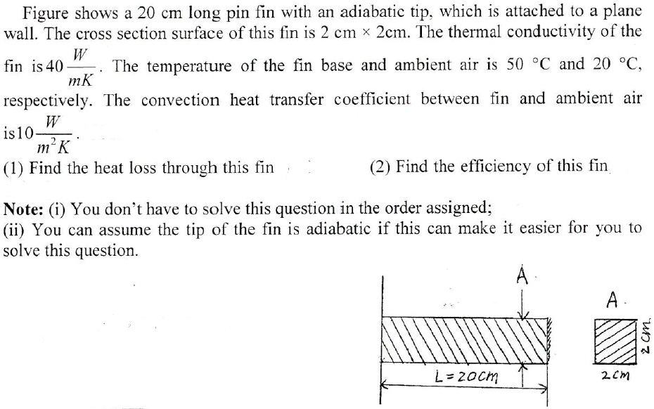Figure shows a 20 cm long pin fin with an adiabatic tip, which is attached to a plane wall. The ...