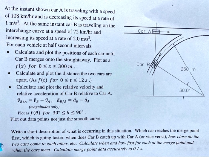 At the instant shown, car A is traveling with a speed of 108 km/hr and is decreasing its speed ...