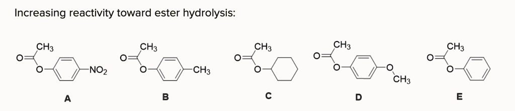 Increasing reactivity toward ester hydrolysis: CH3 CH3 CH3 CH3 CH3 NO2 -CH3 CH3 A B C D E