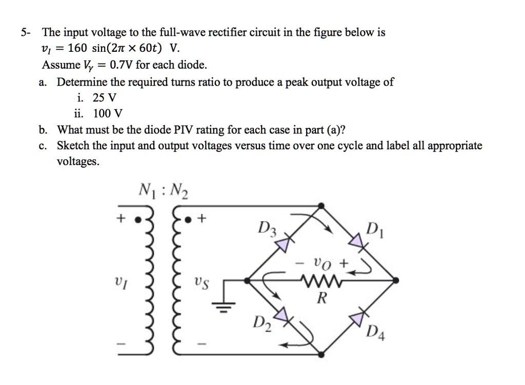 SOLVED: 5- The input voltage to the full-wave rectifier circuit in the figure below is vi = 160 ...