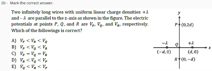 SOLVED: 20 - Mark the correct answer. Two infinitely long wires with uniform linear charge ...