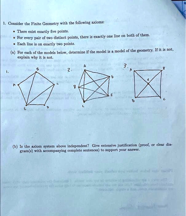1. Consider the Finite Geometry with the following axioms: • There ...