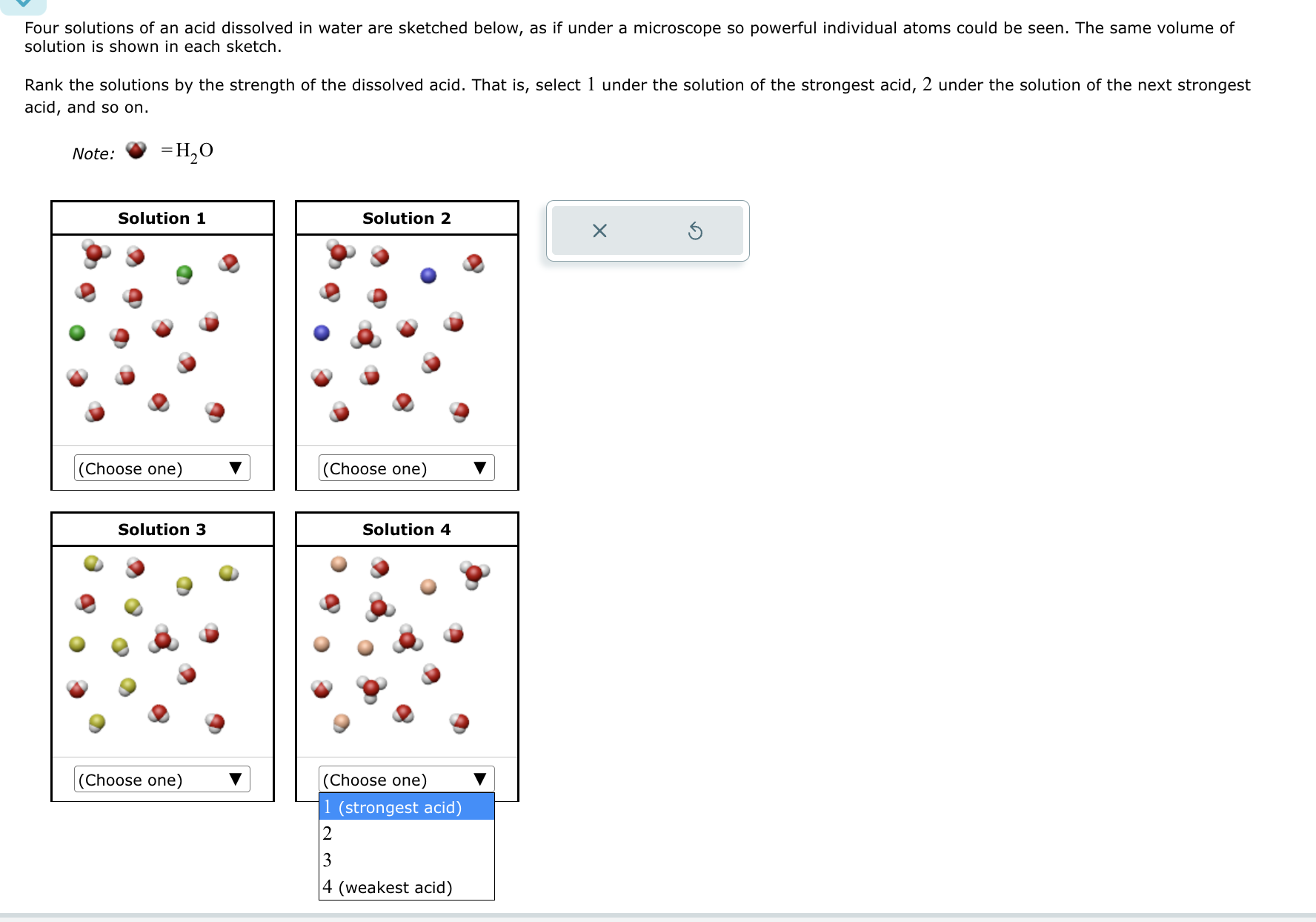 SOLVED: Four solutions of an acid dissolved in water are sketched below, as if under a ...