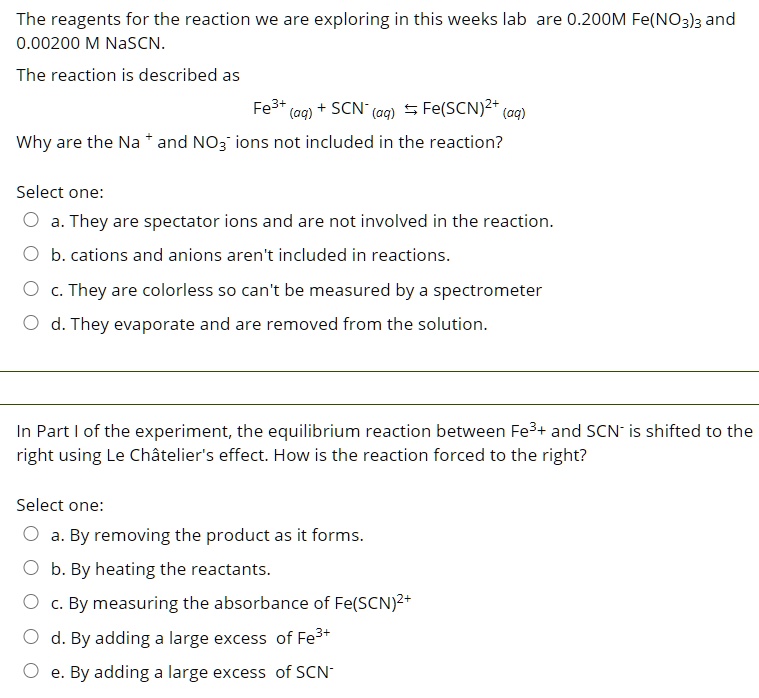 the reagents for the reaction we are exploring in this weeks lab are 0200m feno3l3 and 000200 m ...