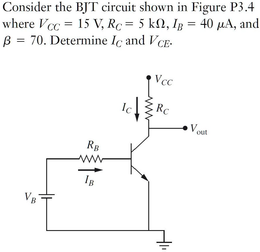 SOLVED: Consider the BJT circuit shown in Figure P3.4 where Vcc = 15 V, Rc = 5 kÎ©, IB = 40 pA ...