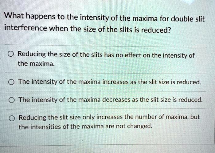 SOLVED: What happens to the intensity of the maxima for double slit ...
