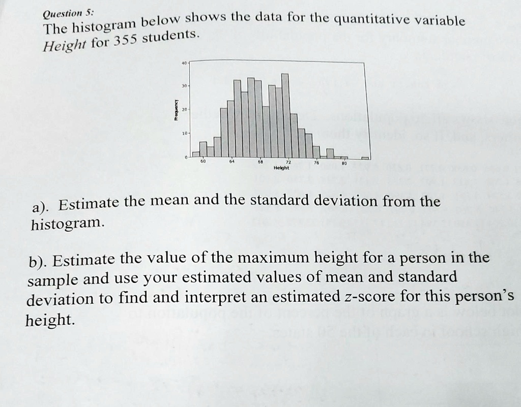 SOLVED: Question 5: Height for355 students. 58 histogram. deviation to ...
