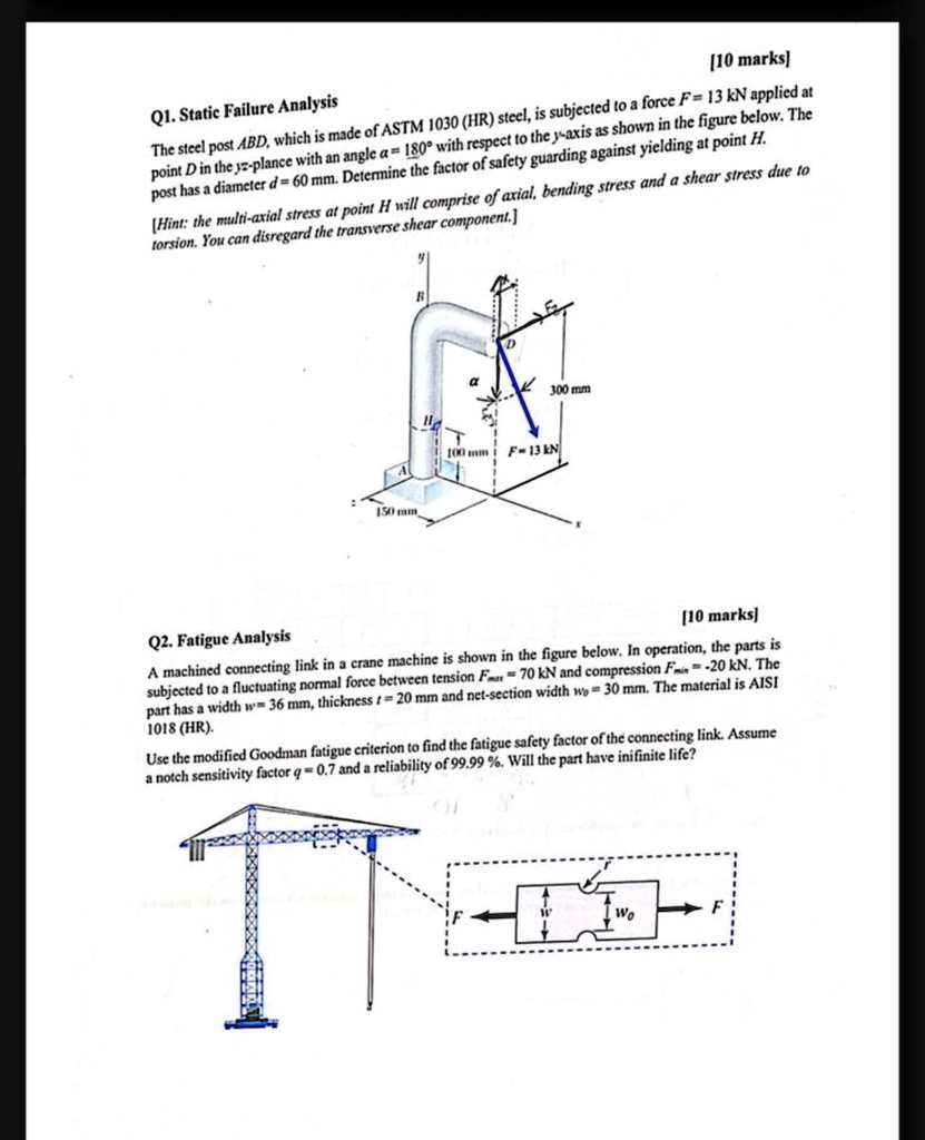 q1 static failure analysis 10 marks the steel post abd which is made of astm 1030 hr steel is ...