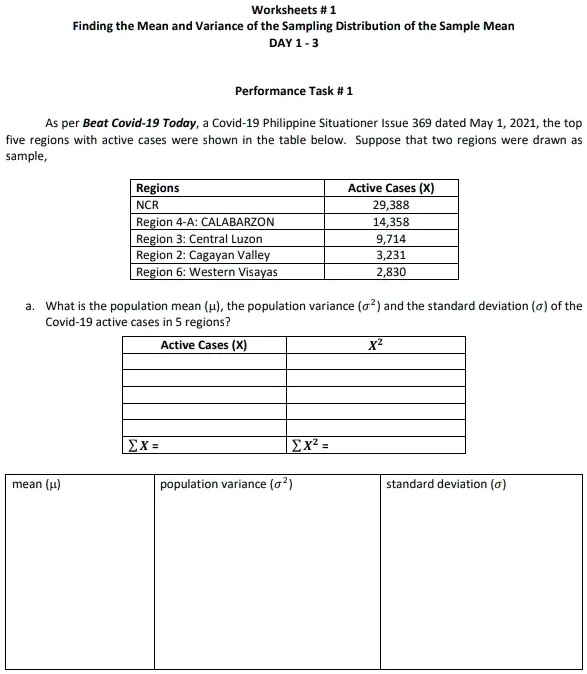 Worksheets #1: Finding the Mean and Variance of the Sampling ...