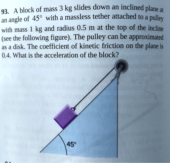 93 a block of mass 3 kg slides down an inclined plane at an angle of 459 with a massless tether ...