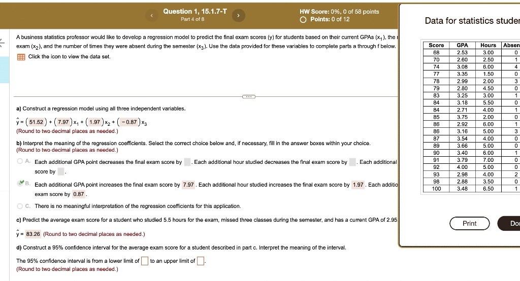 [GET ANSWER] construct a 95 confidence interval for the average score for a student described in ...