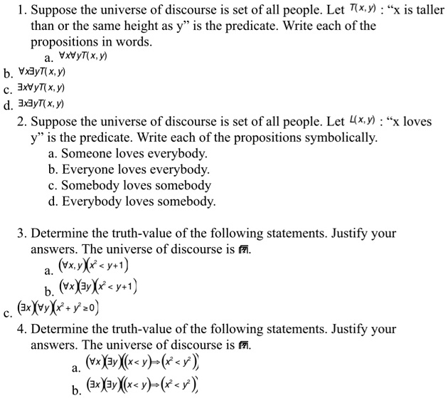 SOLVED: Suppose the universe of discourse is set of all people. Let Tx ...