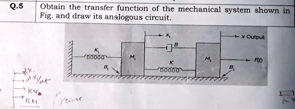 Q.5 Obtain the transfer function of the mechanical system shown in Fig. and draw its analogous ...