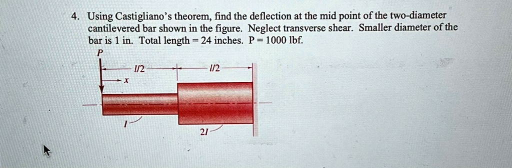 4. Using Castigliano's theorem, find the deflection at the mid point of the two-diameter ...