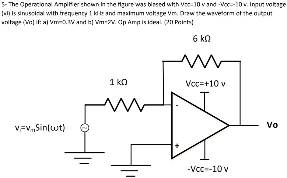5- The Operational Amplifier shown in the figure was biased with Vcc=10 v and -Vcc=-10 v. Input ...