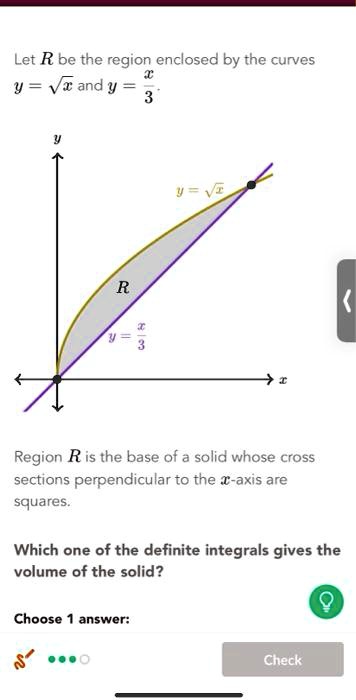 SOLVED: Let R be the region enclosed by the curves y = Vr and y Region R is the base of a solid ...