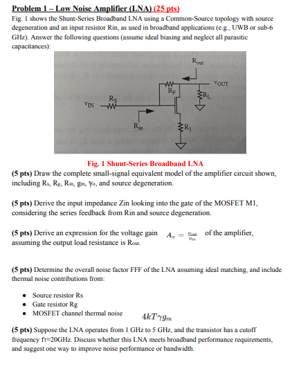 Problem 1 - Low Noise Amplifier (LNA) (25 pts) Fig. 1 shows the Shunt-Series Broadband LNA using ...