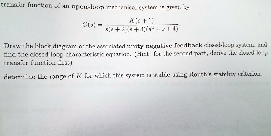SOLVED: The transfer function of an open-loop mechanical system is given by K(s+1) G(s) = s(s+2s ...