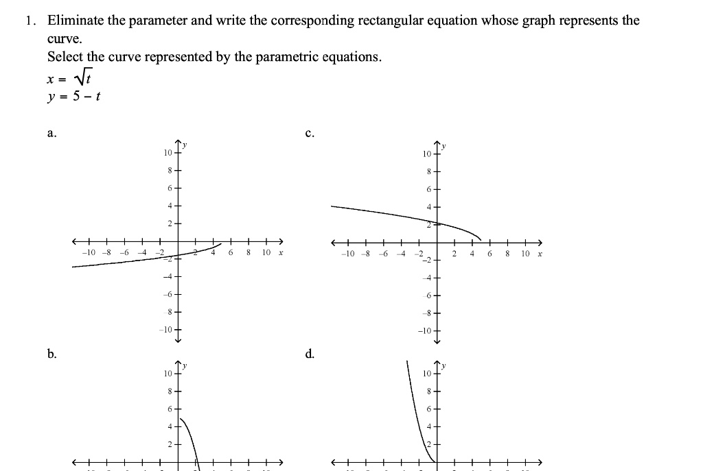 SOLVED: Eliminate the parameter and write the corresponding rectangular equation whose graph ...