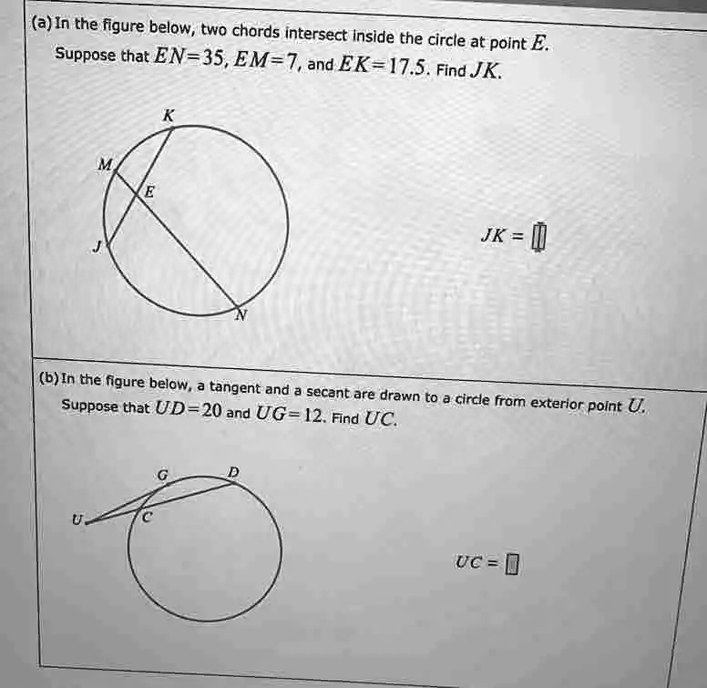 SOLVED: (a) In the figure below, two chords intersect inside the circle at point E. Suppose that ...