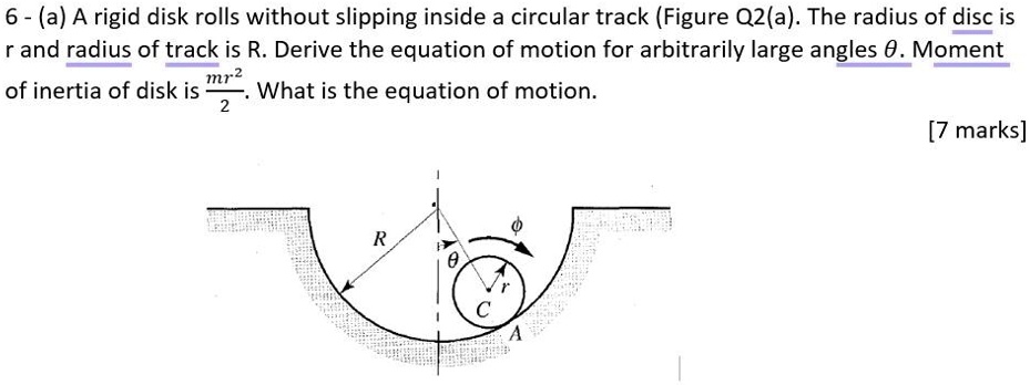 SOLVED: 6-a) A rigid disk rolls without slipping inside a circular track. Figure Q2(a) shows the ...