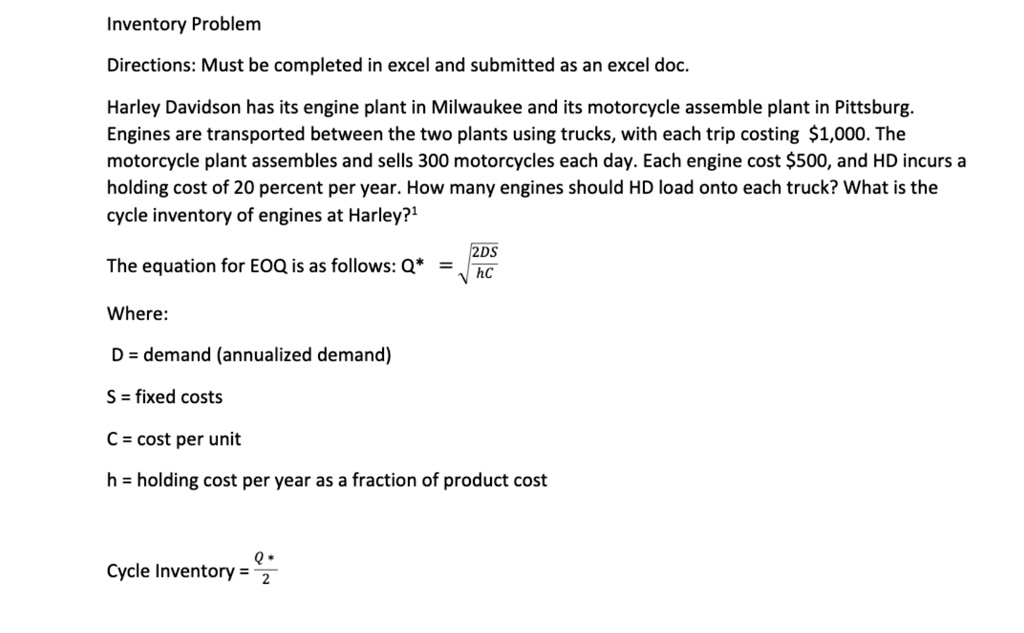 SOLVED: Please solve using an Excel spreadsheet. Inventory Problem ...