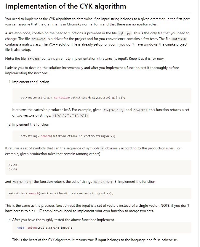 Solved Implementation Of The Cyk Algorithm You Need To Implement The Cyk Algorithm To Determine