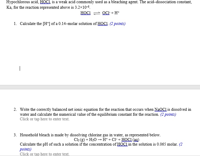 Solved Hypochlorous Acid Hclo Is A Weak Acid Commonly Used As A