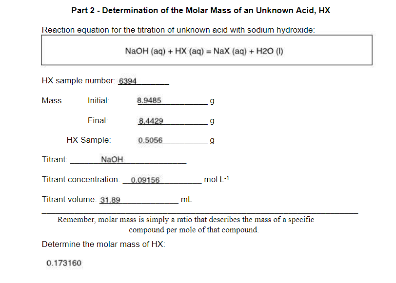 SOLVED: Part 2 - Determination of the Molar Mass of an Unknown Acid, HX Reaction equation for ...