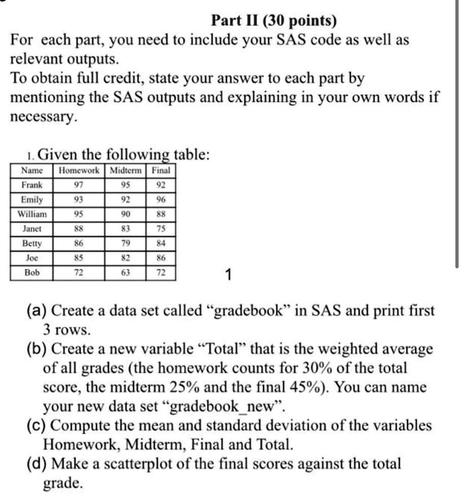 part ii 30 points for each part you need to include your sas code as well as relevant outputs to ...