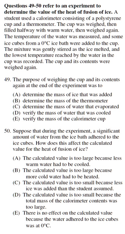 Questions 49-50 refer to an experiment to determine the value of the ...
